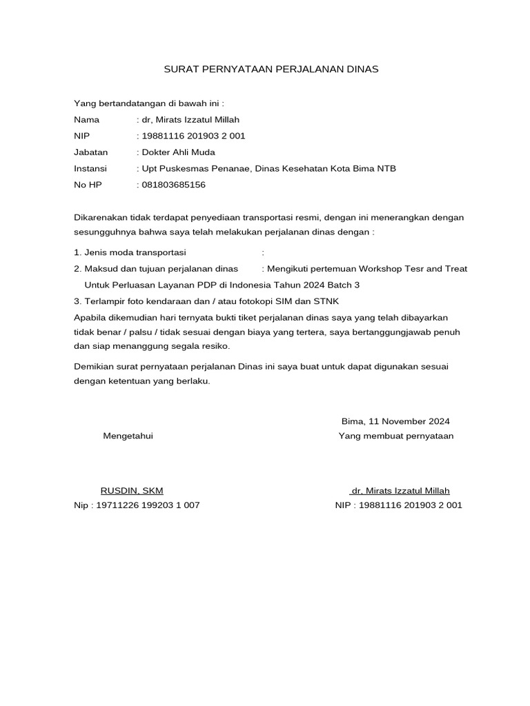 Surat Pernyataan Perjalanan Dinas | PDF