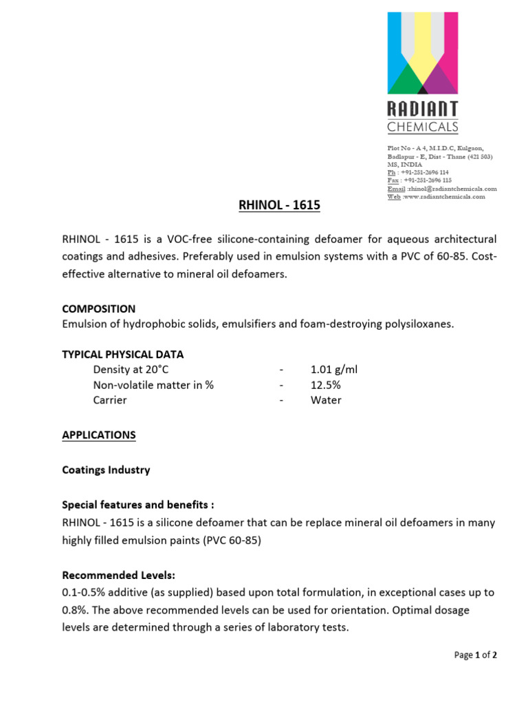 Tds of RHINOL - 1615-1 | PDF | Emulsion | Materials