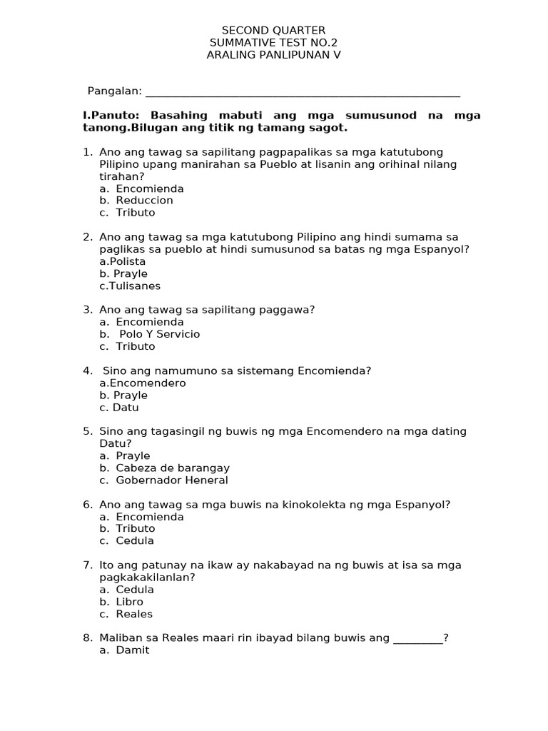 I.Panuto: Basahing Mabuti Ang Mga Sumusunod Na Mga Tanong - Bilugan Ang Titik NG Tamang Sagot | PDF