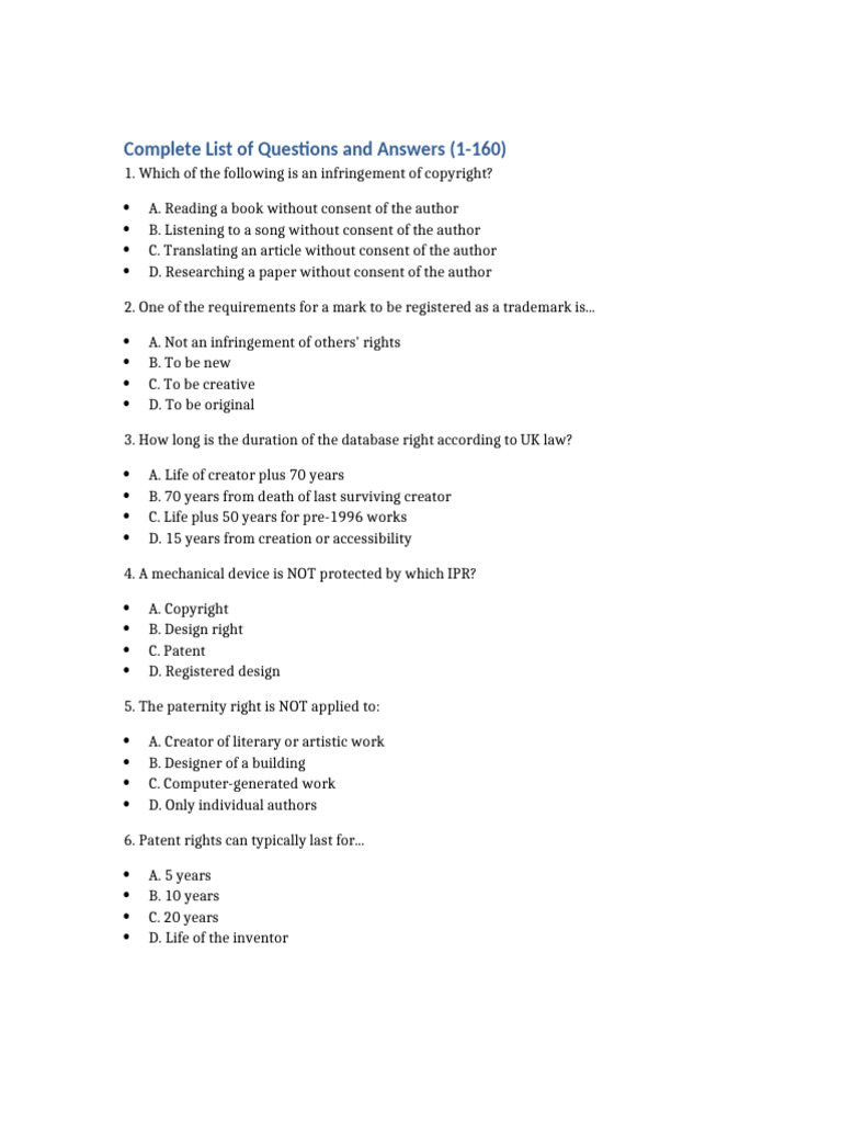Complete Questions and Answers 1 To 160 | PDF