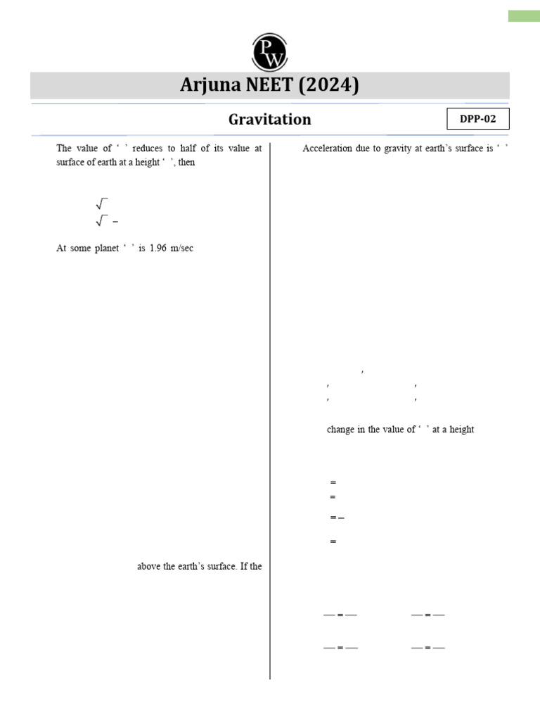 Gravitation - DPP-02 (Of Lec-04) - Arjuna Neet 2024 | PDF | Gravity | Earth