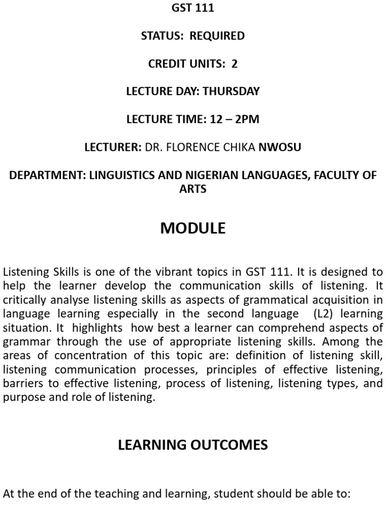 GST 111 - Listening Skills | PDF | Communication | English As A Second Or Foreign Language