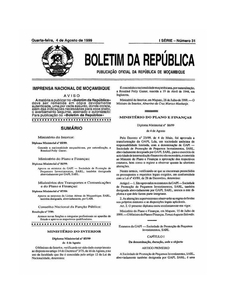 Boletim da República de Moçambique 1999 | PDF | Investimentos | Crédito