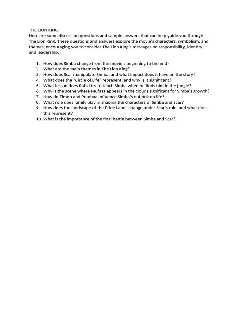 The Lion King: Discussion Questions & Answers | PDF