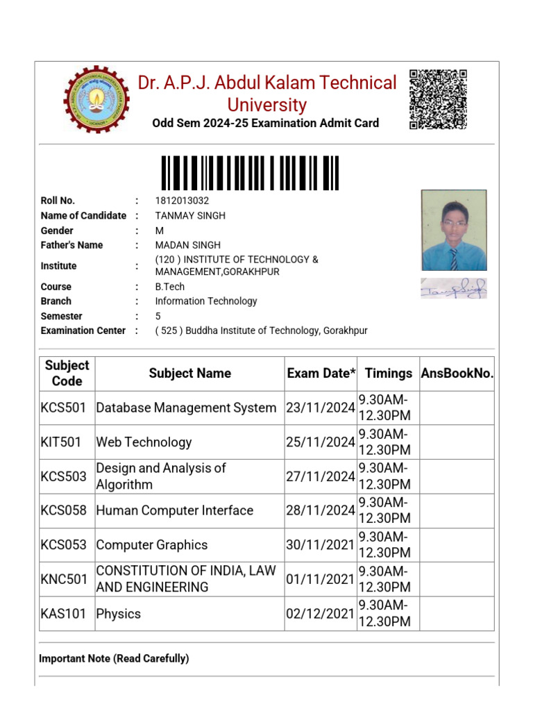 Admit Card 2024-25 Odd-Sem | PDF | Computing