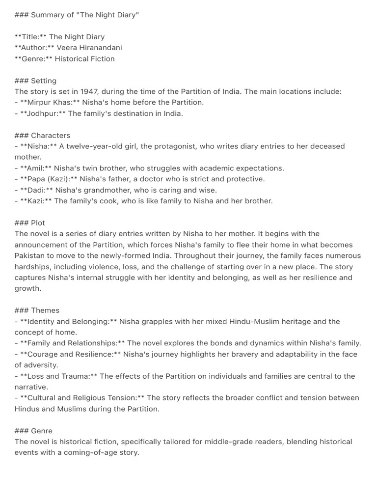 Summary of The Night Diary | PDF