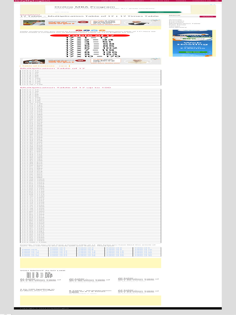 17 Table - Multiplication Table of 17 17 Times Table | PDF