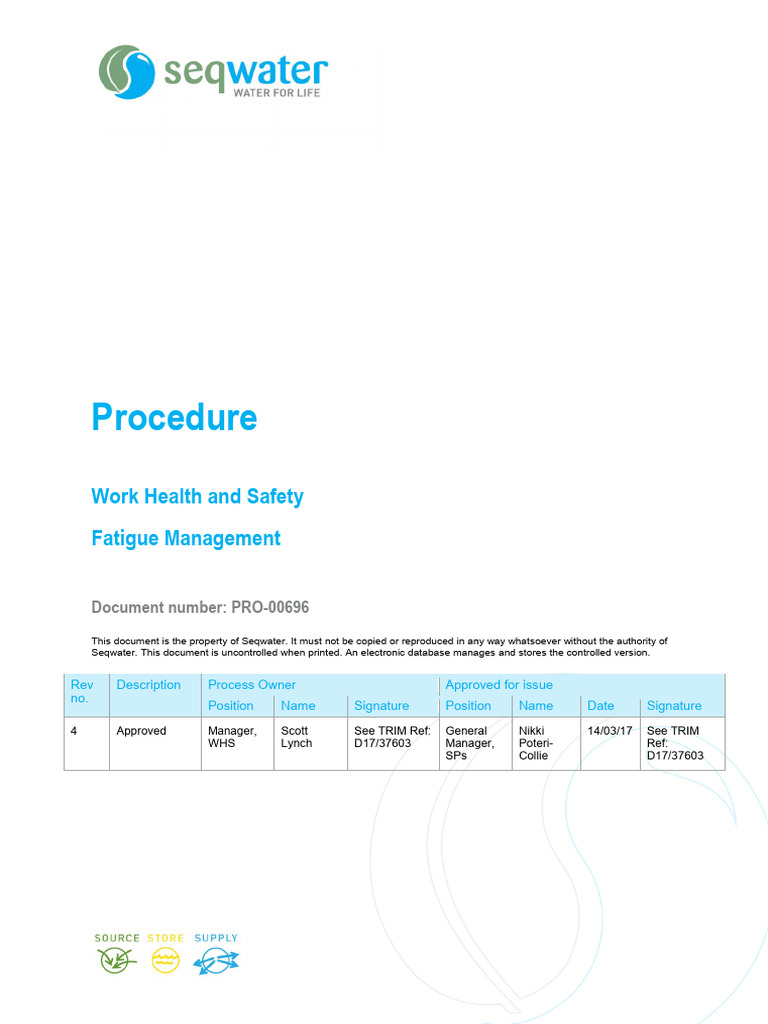 PRO-00696 Corporate Safety - WHS Fatigue Management Procedure | PDF ...