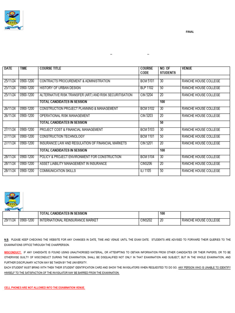 NUST Exam Timetable Nov 2024 | PDF | Reinsurance | Business