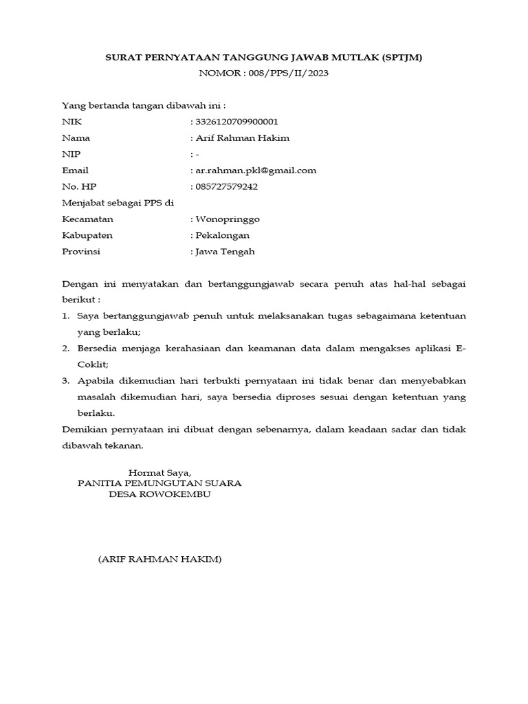 Contoh SPTJM Akun Sidalih PPK Dan PPS | PDF