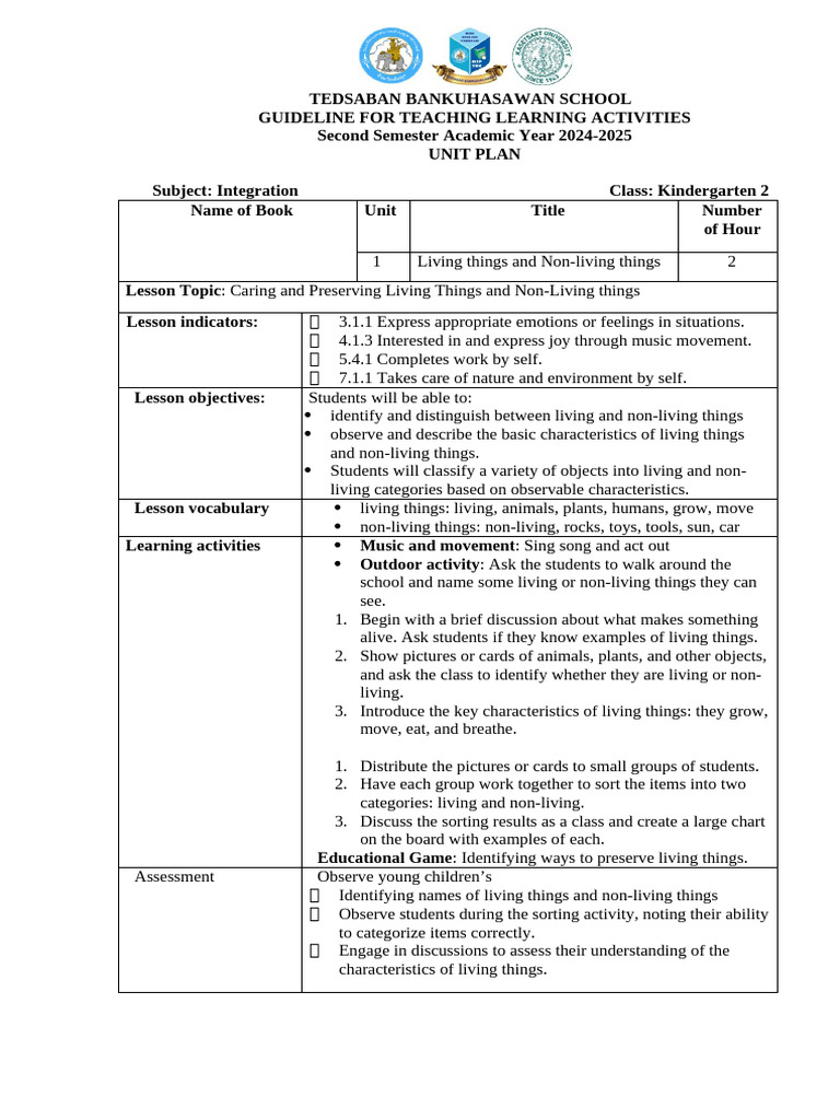 Kindergarten 2 Unit Plan: Integration Activities | PDF | Trees | Senses