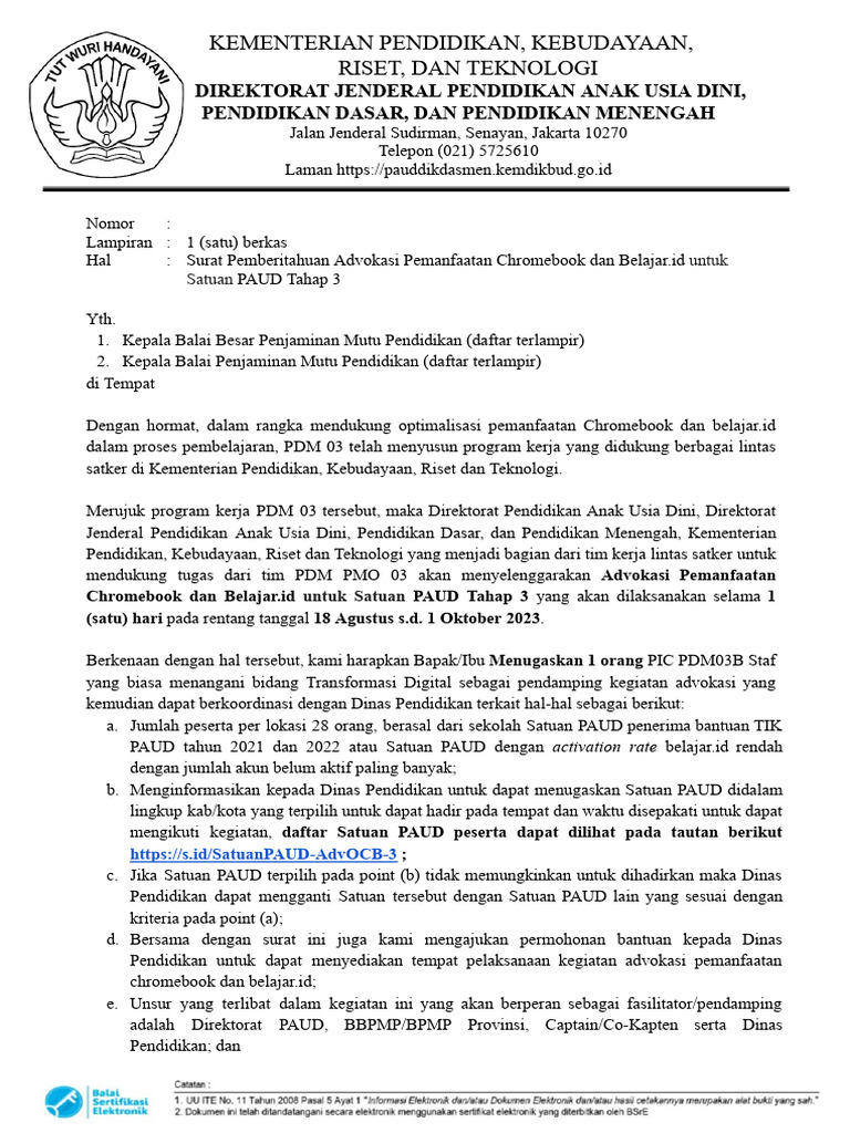 Surat Pemberitahuan - BB BPMP - Advokasi OCB Dan Belajarid - Tahap 3 | PDF