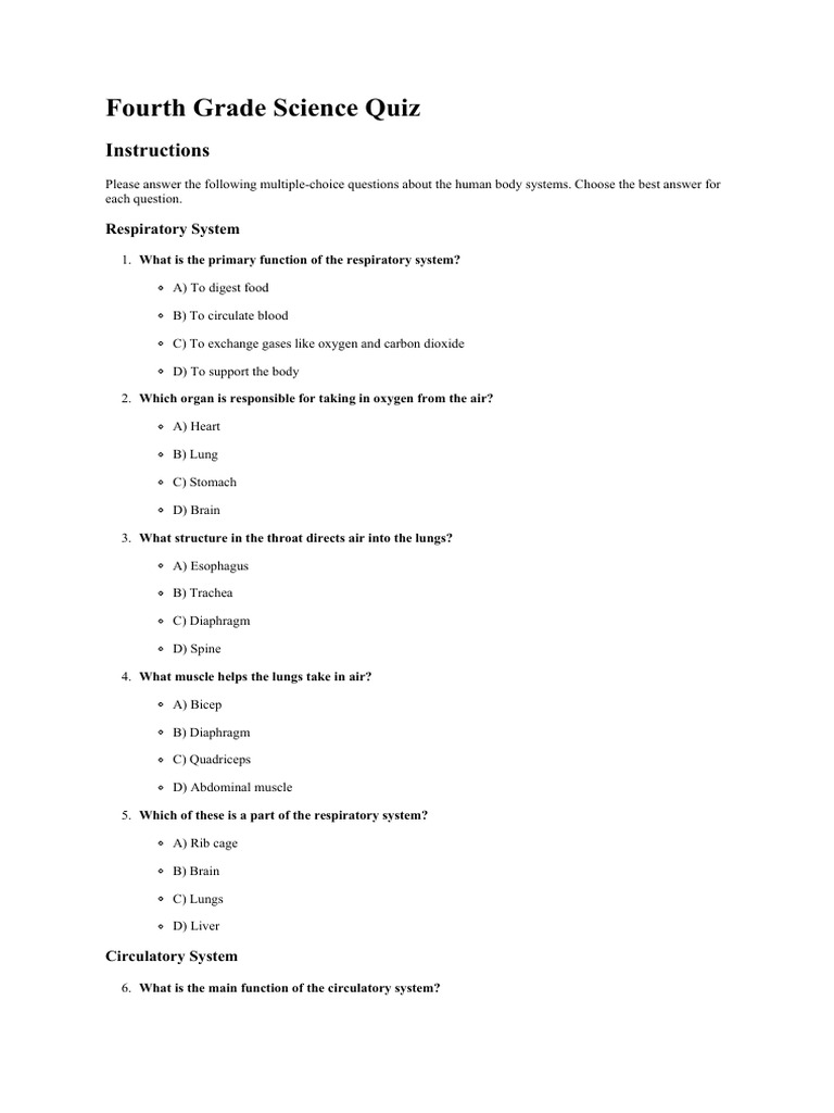 Fourth Grade Science Quiz | PDF | Blood | Muscle