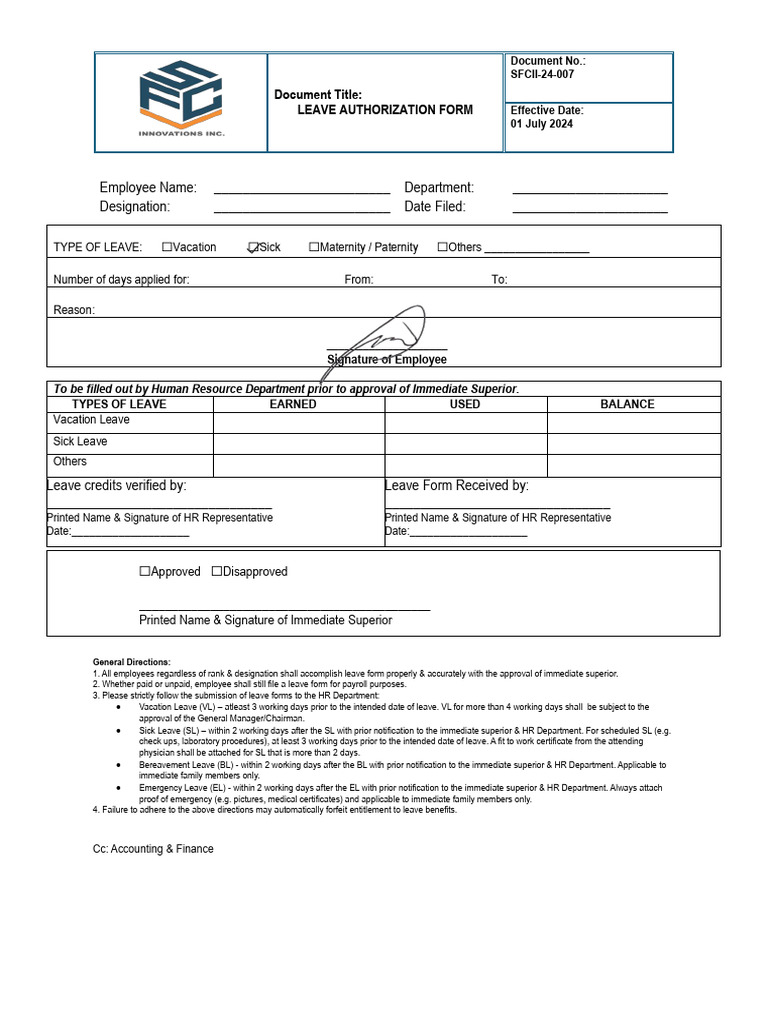 07 Leave Authorization Form - Sick Aug. 1, 2024 | PDF | Sick Leave | Labor