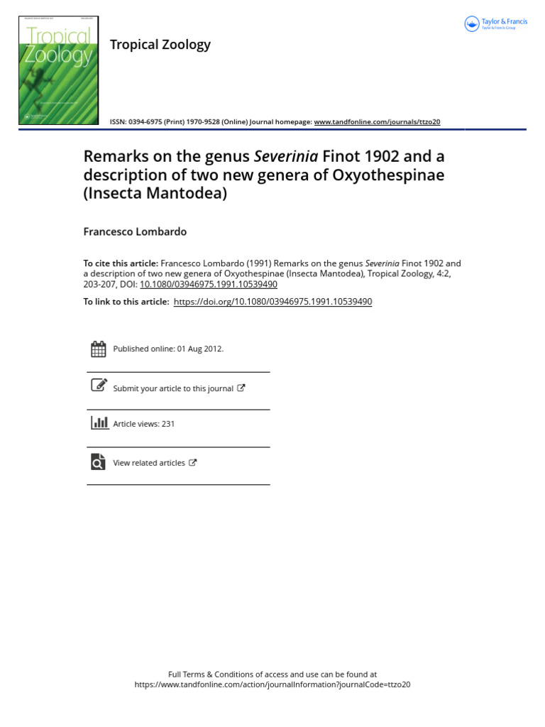 Remarks On The Genus Severinia Finot 1902 and A Description of Two New ...