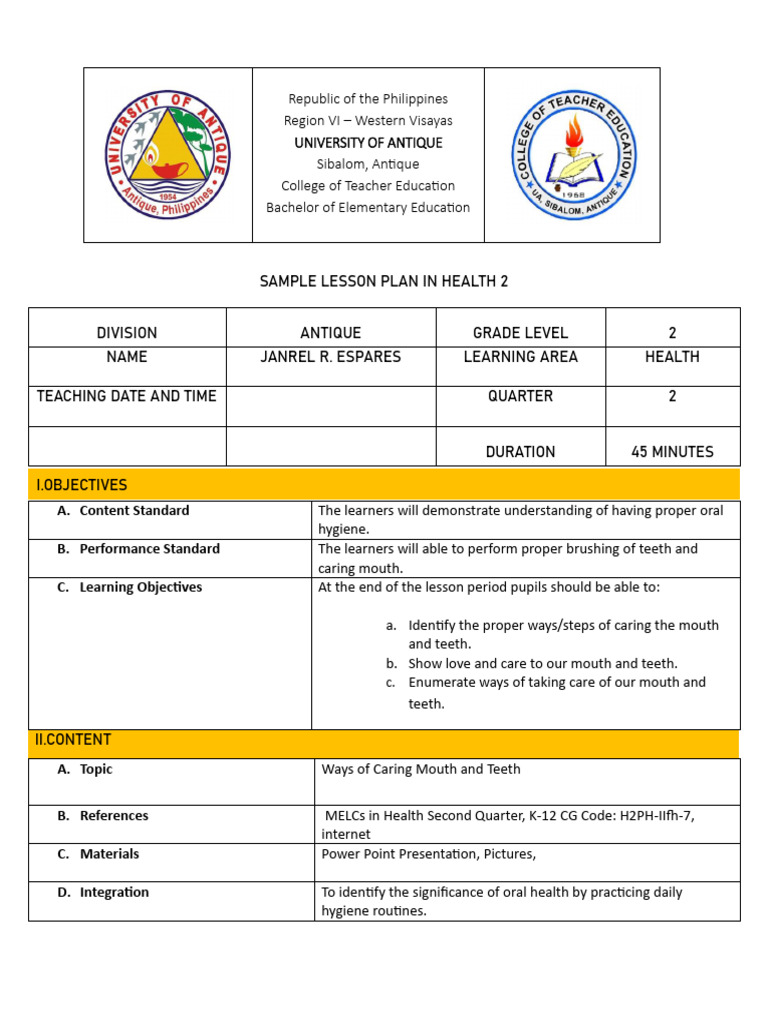 Lesson Plan in Health | PDF | Toothbrush | Mouth