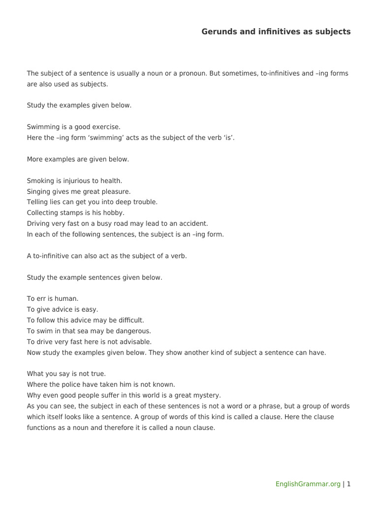 Gerunds and Infinitives As Subjects | PDF