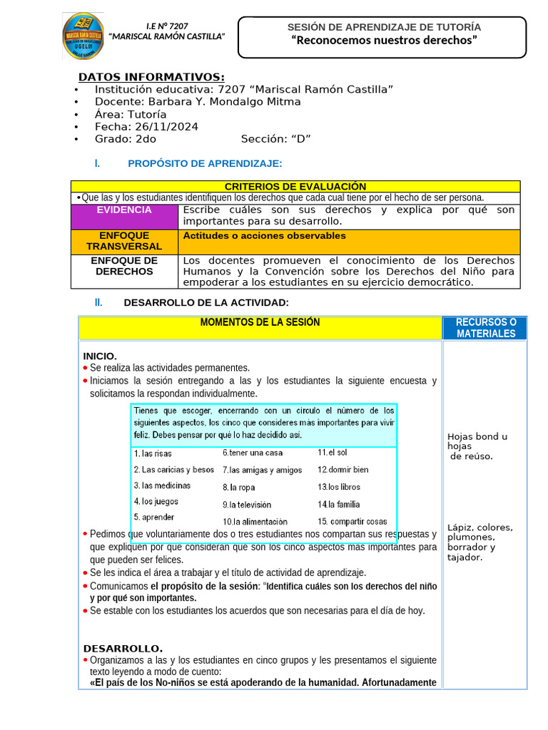 2° SESIÓN DÍA 4 TUT Reconozco Mis Derechos | PDF | Aprendizaje | Cognición