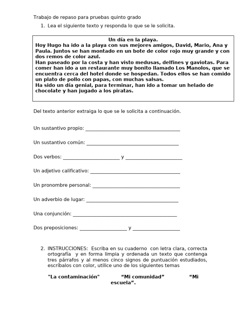 Trabajo de Repaso para Pruebas Quinto Grado ESPAÑOL | PDF