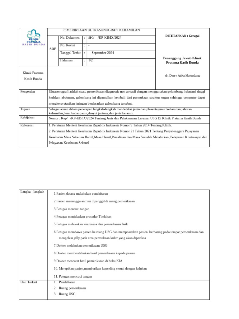 Sop Pemeriksaan Ultrasonografi Kehamilan | PDF