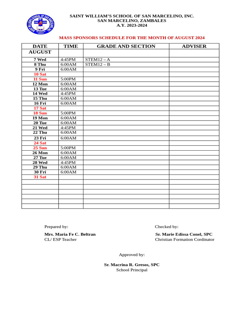 Mass Sponsor Schedule | PDF