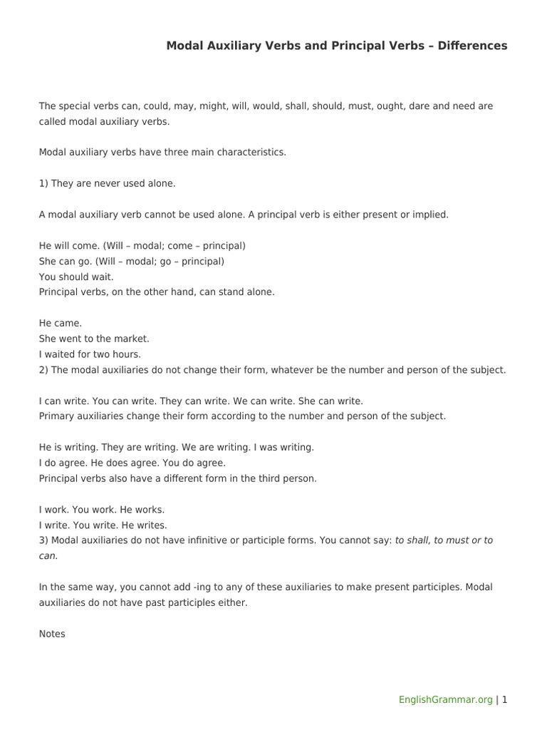 Modal Auxiliary Verbs and Principal Verbs – Differences | PDF