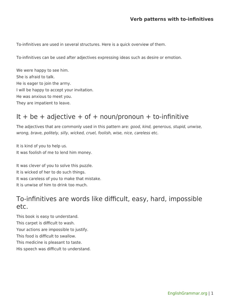 Verb Patterns With To-Infinitives | PDF