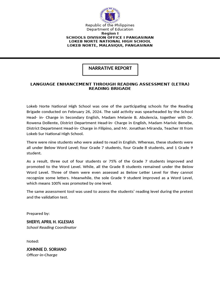 Narrative Report Reading Report | PDF | Phonics | Psycholinguistics