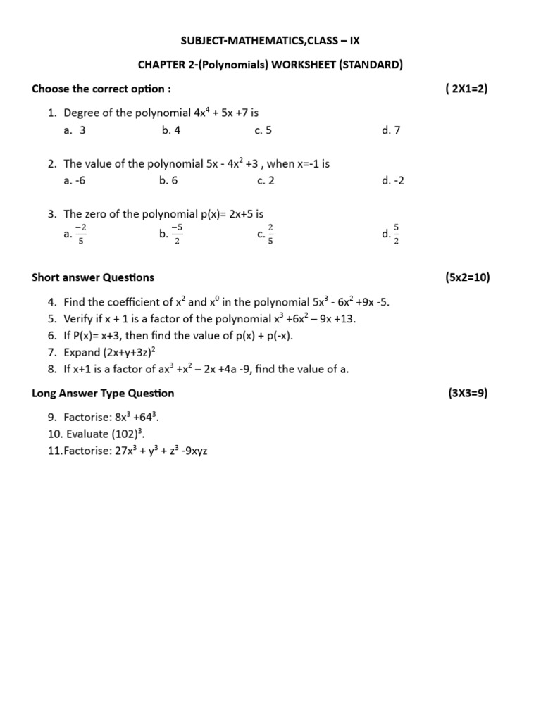 Polynomials Worksheet | PDF