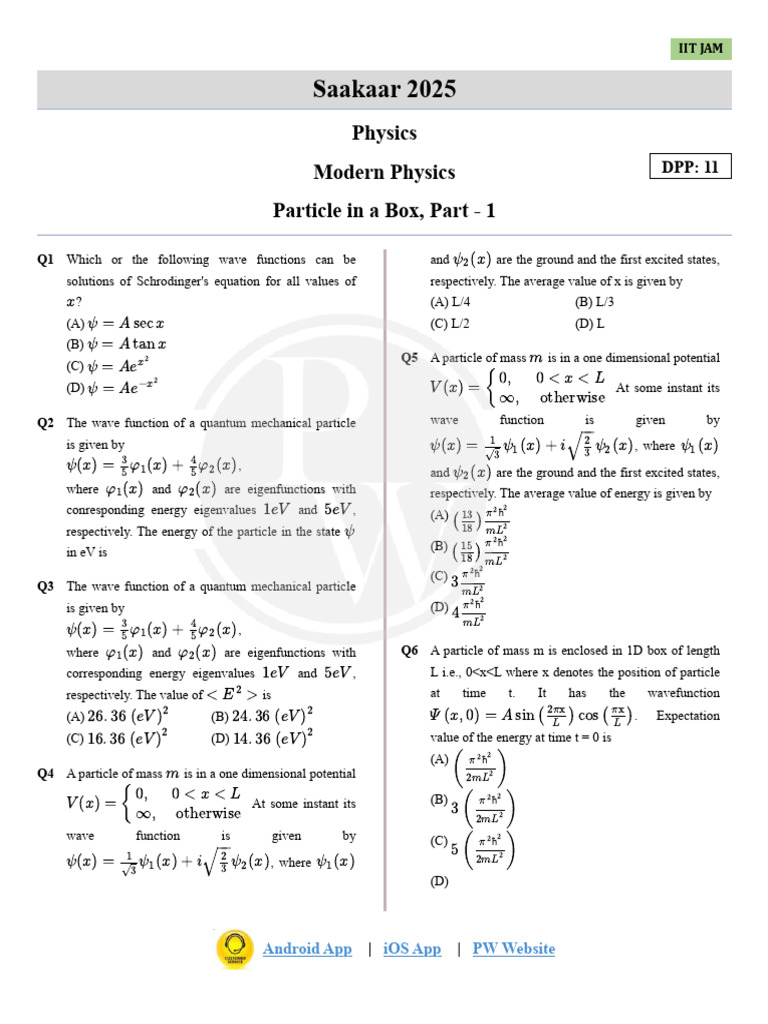 Modern Physics - DPP 11 (Of Lec 17) | PDF | Wave Function | Physical Sciences