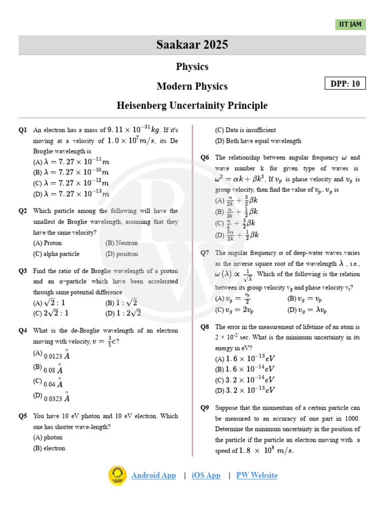 Modern Physics - DPP 10 (Of Lec 15) | PDF | Electronvolt | Wavelength