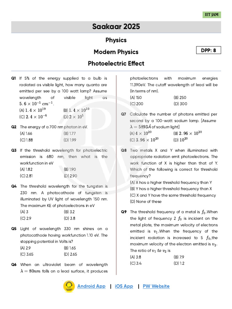 Modern Physics - DPP 08 (Of Lec 11) | PDF | Photoelectric Effect | Light