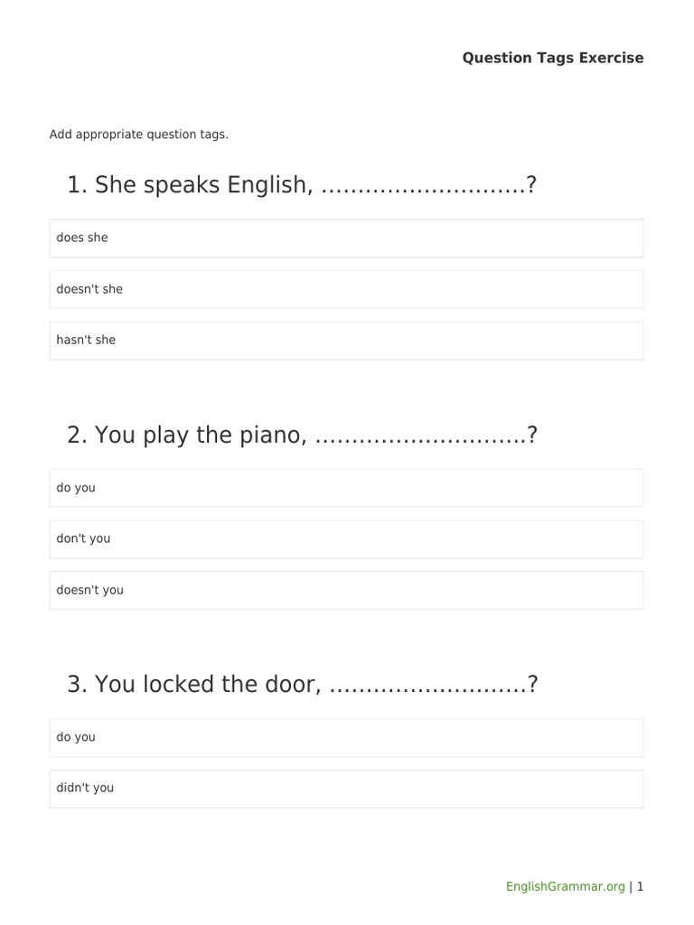 Question Tags Exercise | PDF