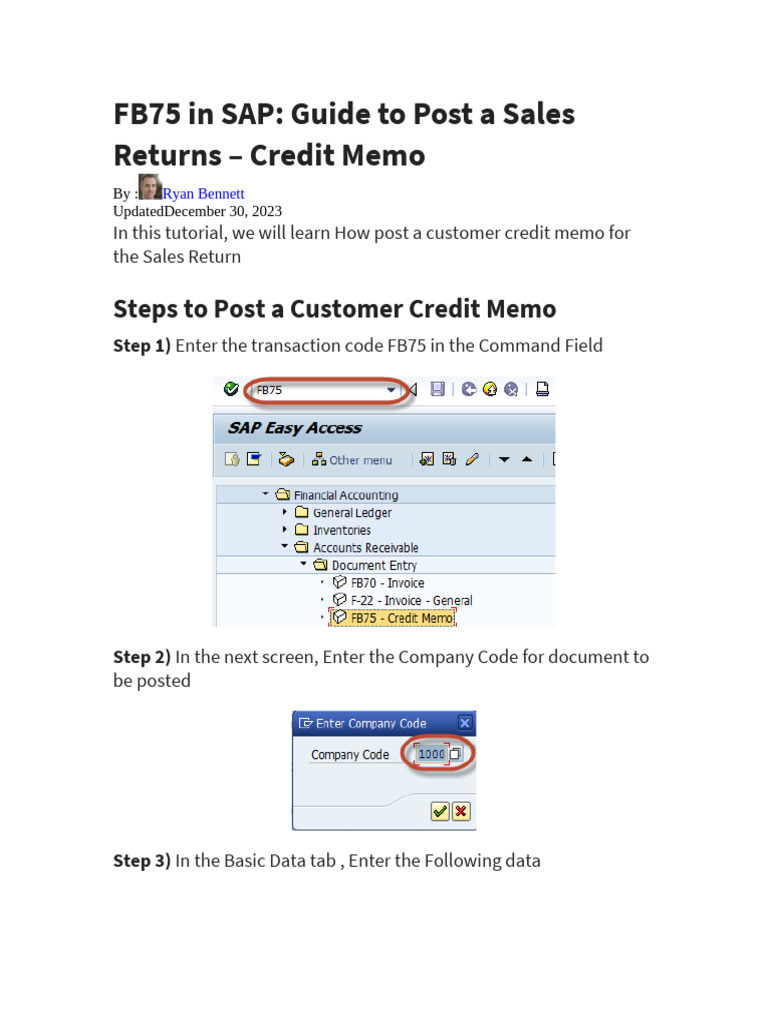 FB75 in SAP Guide To Post A Sales Returns - Credit Memo | PDF