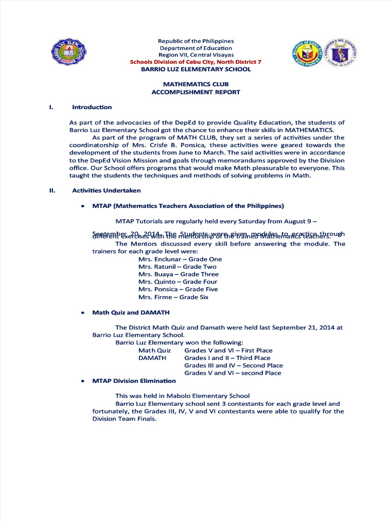 PDF Math Club Accomplishment Report - Compress | PDF