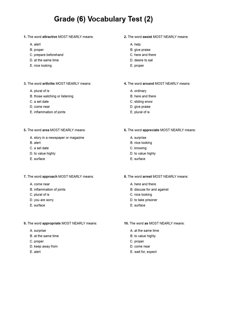 6th Grade Vocabulary Test Answers | PDF