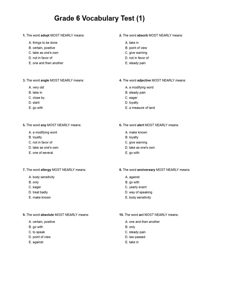 Grade 6 Vocabulary Test Questions | PDF | Diseases And Disorders ...