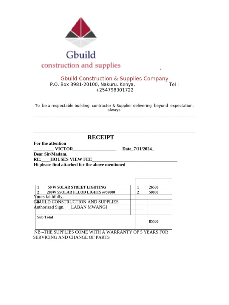 Receipt For Supply of Solar Lights Lower Subukia-1 | PDF