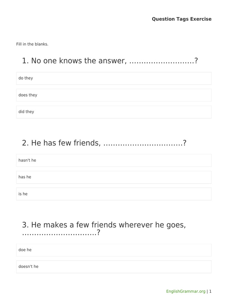 Question Tags Exercise | PDF