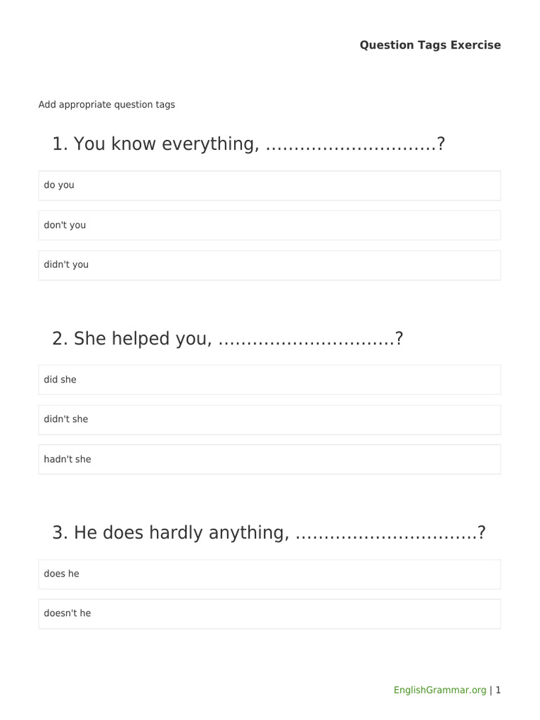 Question Tags Exercise | PDF