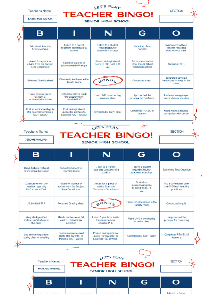 Bingo For Teachers | PDF