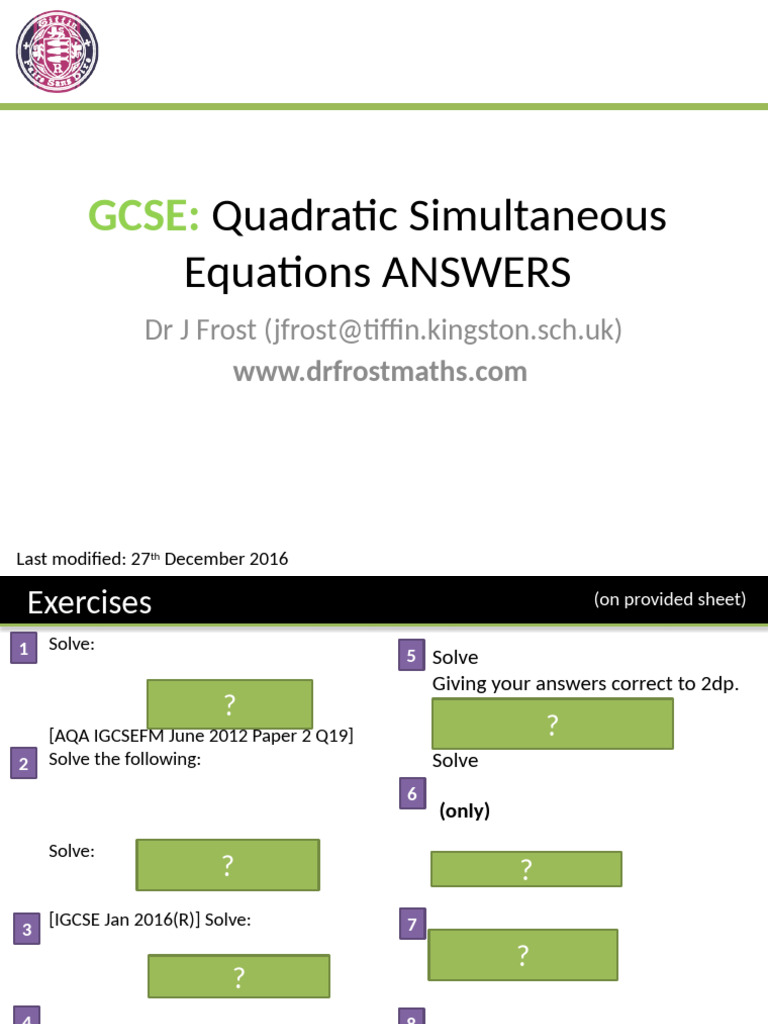 GCSE Quadratic Simultaneous Equations | PDF