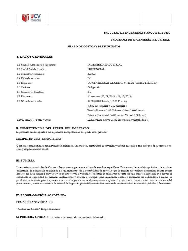 Sílabo Costos y Pptos 2024-2 | PDF | Aprendizaje | Presupuesto Sílabo Costos y Pptos 2024-2 | PDF | Aprendizaje | Presupuesto
