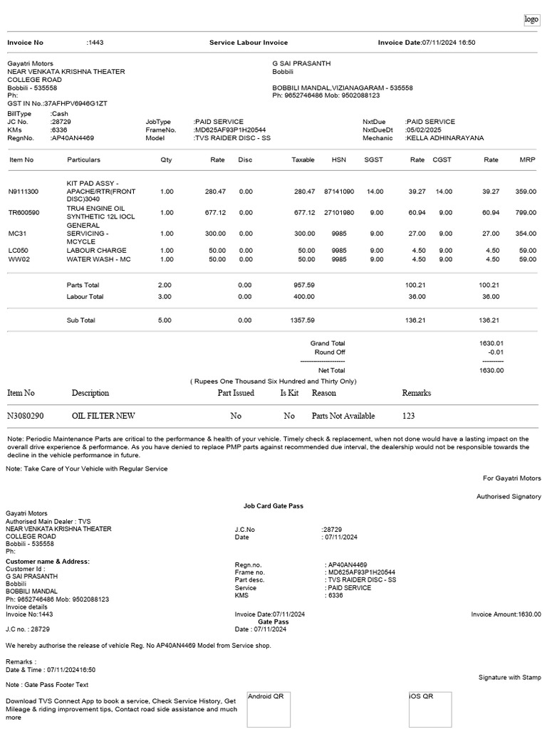 Invoice No Service Labour Invoice Invoice Date: Job Card Gate Pass | PDF