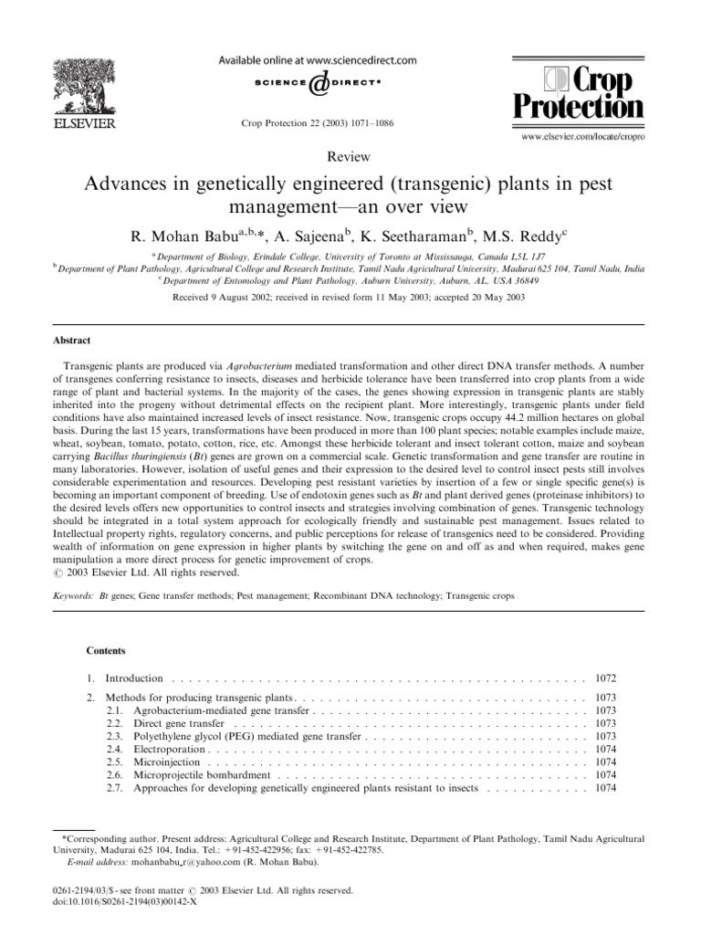 Transgenic Plants in Pest Management | PDF | Genetically Modified Crops ...