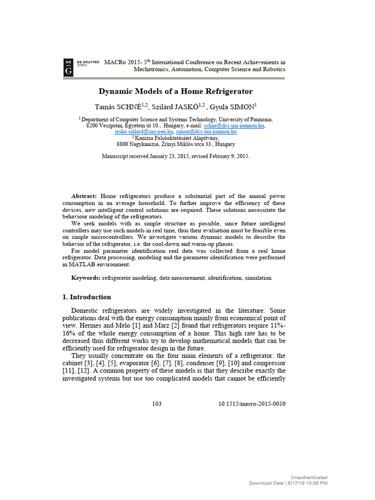 Dynamic Models of A Home Refrigerator | PDF | Refrigerator ...