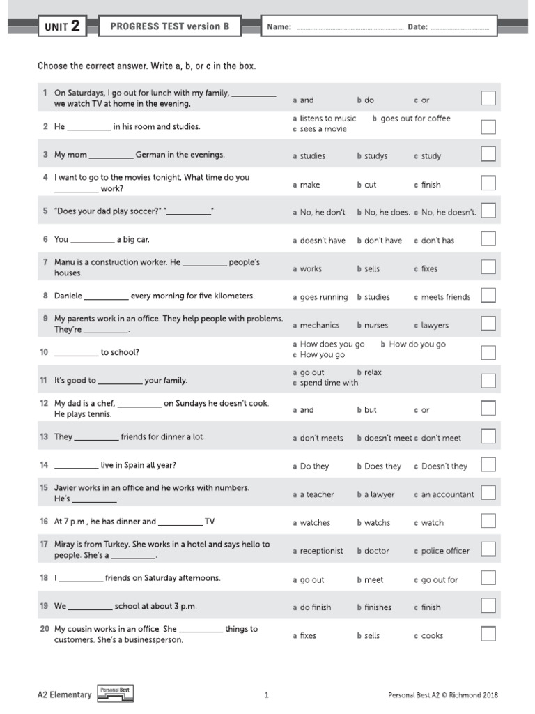 Progress Test Unit 2 B Pdf
