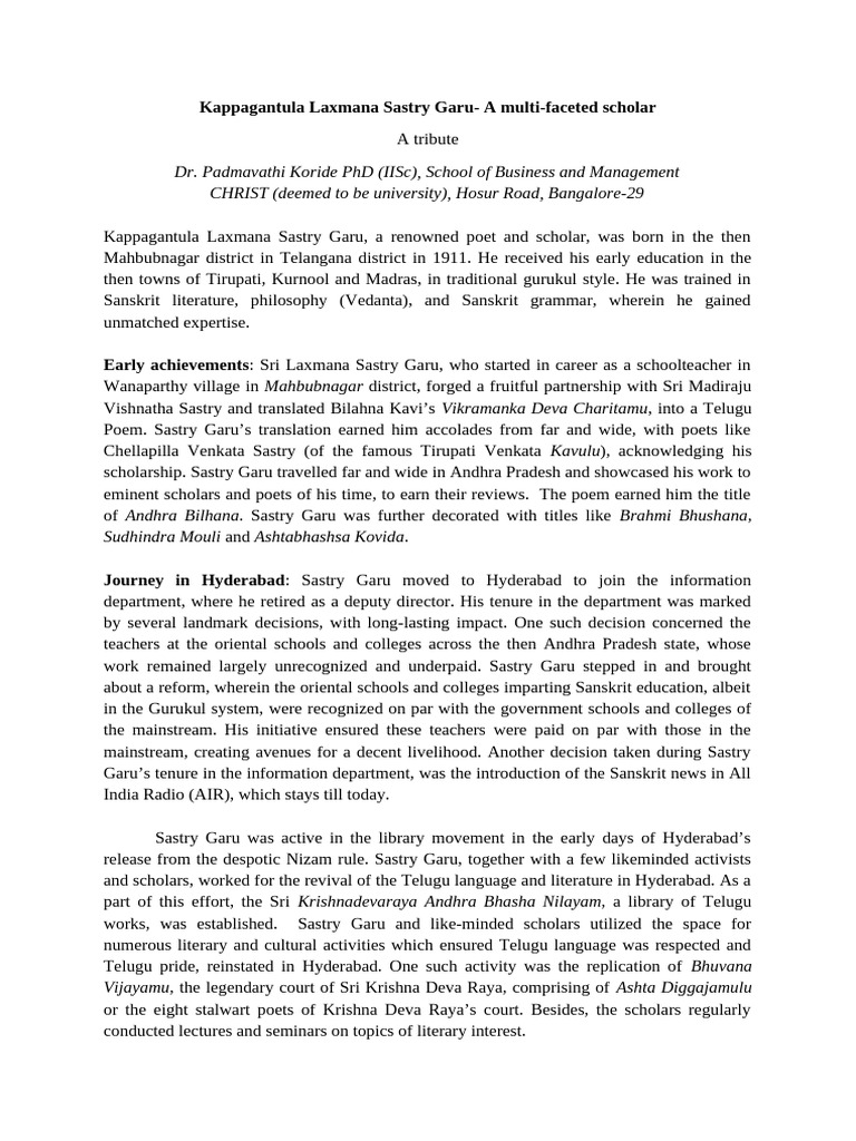 Kappagantula Laxmana Sastry Garu | PDF | Mahabharata
