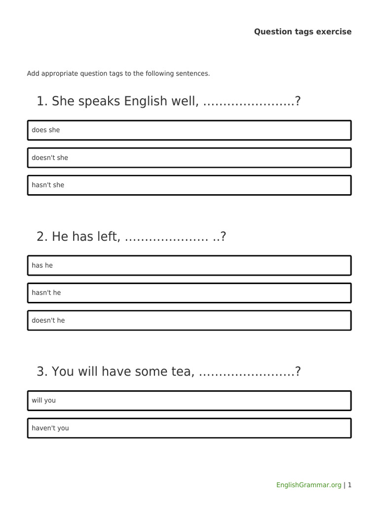 Question Tags Exercise | PDF