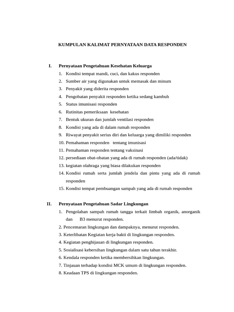 KUMPULAN KALIMAT PERNYATAAN DATA RESPONDEN Bismilah | PDF